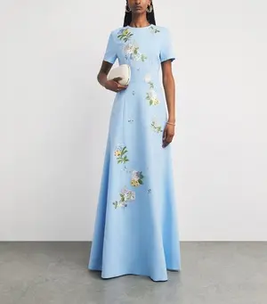 Carolina Herrera Floral Embroidered Crepe Gown - Blue