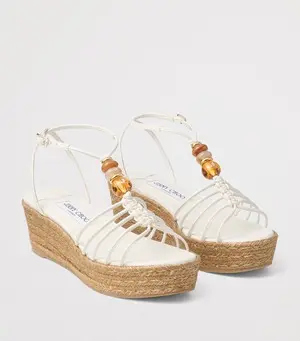 JIMMY CHOO Lemi 50 Leather Wedge Sandals With Beaded Detailing