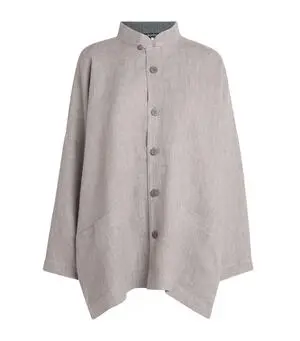 Eskandar Linen Mandarin Collar Wide Longline Jacket - Grey