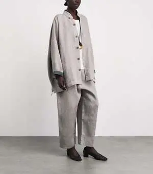 Eskandar Linen Mandarin Collar Wide Longline Jacket - Grey