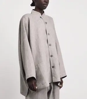 Eskandar Linen Mandarin Collar Wide Longline Jacket - Grey