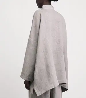 Eskandar Linen Mandarin Collar Wide Longline Jacket - Grey