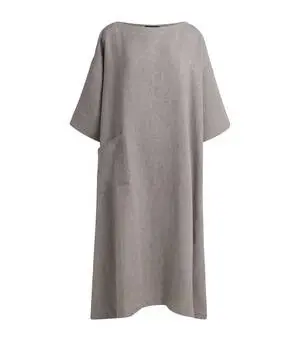 Eskandar Linen Boatneck Midi Dress With Pocket - Grey