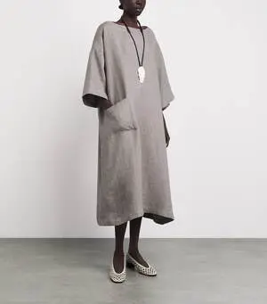 Eskandar Linen Boatneck Midi Dress With Pocket - Grey