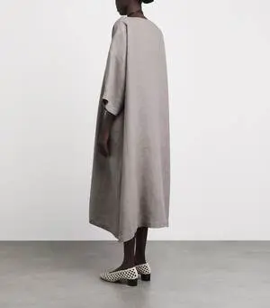 Eskandar Linen Boatneck Midi Dress With Pocket - Grey