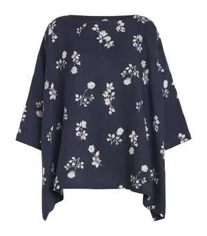 Eskandar Linen Floral Boatneck Blouse - Blue
