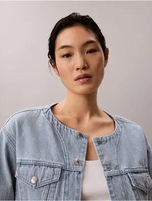 Calvin Klein Cropped Collarless Denim Trucker Jacket