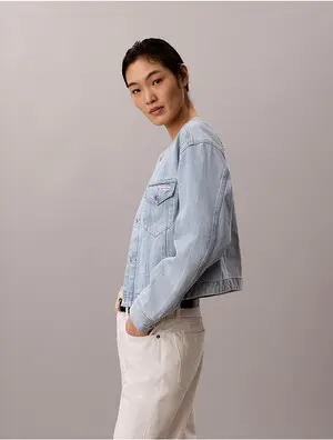 Calvin Klein Cropped Collarless Denim Trucker Jacket