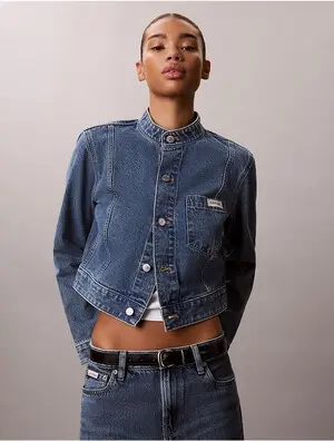 Calvin Klein Cropped Denim Jacket With Band Collar