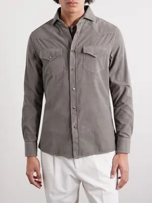 Brunello Cucinelli Cutaway-collar Cotton-corduroy Western Shirt - Gray