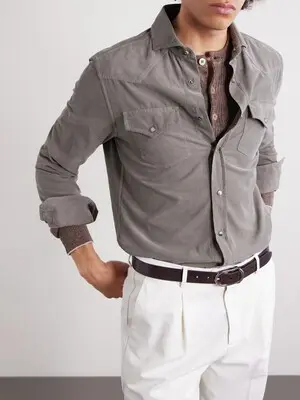Brunello Cucinelli Cutaway-collar Cotton-corduroy Western Shirt - Gray
