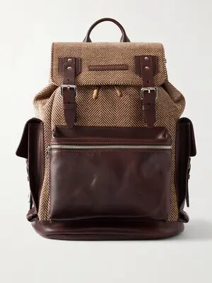 Brunello Cucinelli Herringbone Canvas And Leather Backpack - Brown