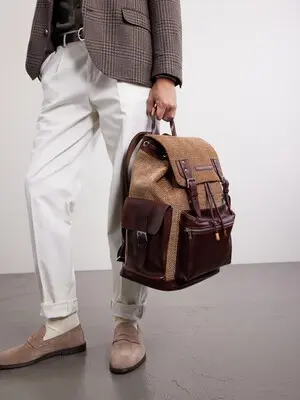 Brunello Cucinelli Herringbone Canvas And Leather Backpack - Brown