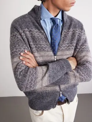 Brunello Cucinelli Alpaca-blend Zip-up Sweater With Geometric Print
