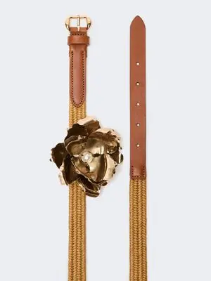 Max Mara Embellished Linen And Cotton Belt With Jeweled Brooch