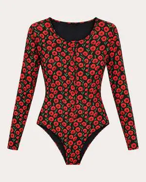 VERDELIMON Long-sleeve One-piece With Floral Print And Zip Neckline - Black