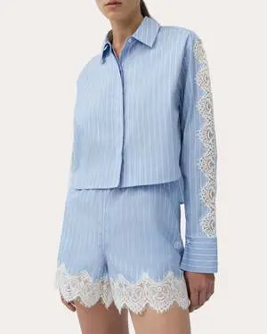 Simkhai Renata Stripe Poplin Lace Crop Button-up Top