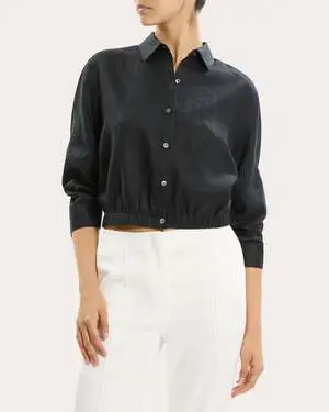 Theory Linen Scrunched Crop Button-up Top