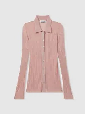 Anna Quan Semi-sheer Ribbed Knit Top With Mother Of Pearl Buttons