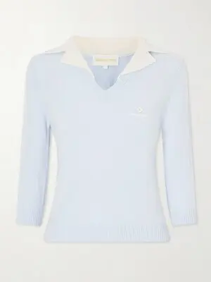 SHUSHU/TONG Logo-appliquéd Ribbed Wool V-neck Top - Blue