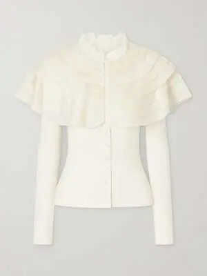SEA SEA Wanda Wool Cardigan With Ruffled Lace And Brocade Trim