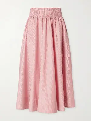 Suzie Kondi Shirred Striped Cotton-poplin Midi Skirt - Pink