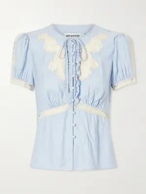 SELF-PORTRAIT Ruffled Lace-trimmed Satin Blouse - Blue