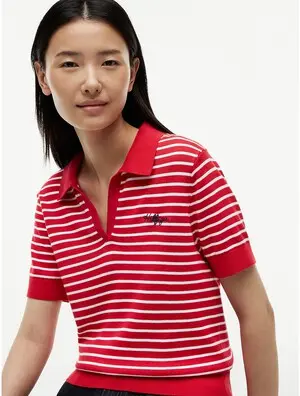 Tommy Hilfiger Striped Script Logo Polo Sweater - Primary Red