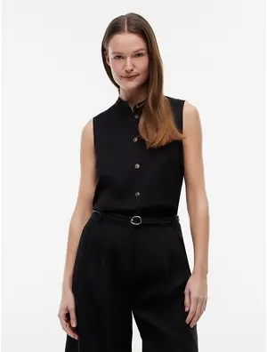 Tommy Hilfiger Sleeveless Band Collar Slub Shirt - Black
