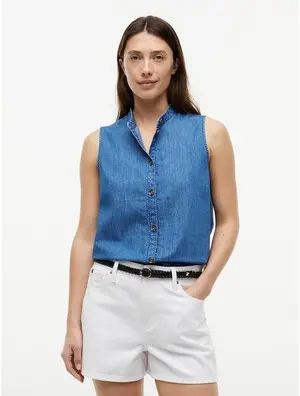 Tommy Hilfiger Sleeveless Chambray Band Collar Shirt - Medium Wash