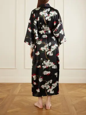 Olivia Von Halle Belted Floral-printed Silk-satin Robe - Black