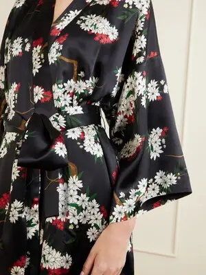 Olivia Von Halle Belted Floral-printed Silk-satin Robe - Black