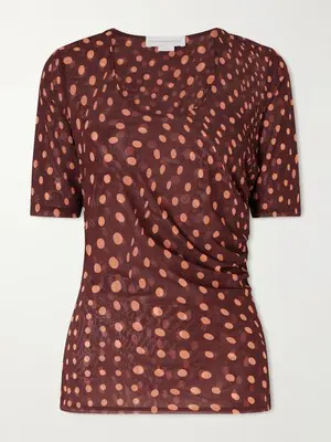 Stella McCartney Gathered Polka-dot Mesh T-shirt - Burgundy