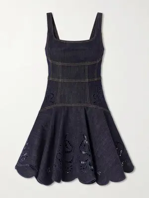 SELF-PORTRAIT Embroidered Denim Mini Dress - Blue