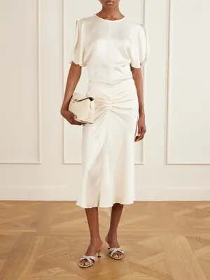 Victoria Beckham Bela Ruched Satin Midi Skirt - Neutrals