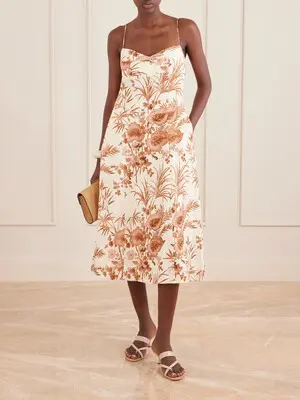 Cara Cara Cherry Floral-print Linen Midi Dress - Camel