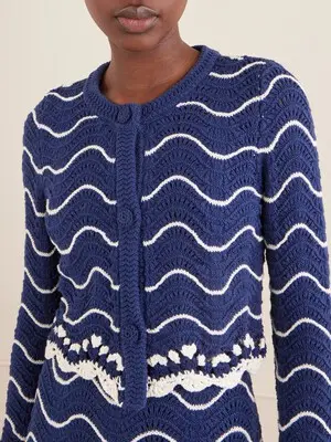Cara Cara Louise Scalloped Striped Cotton Knit Cardigan - Blue