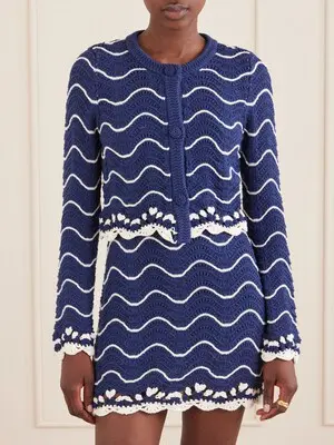 Cara Cara Louise Scalloped Striped Cotton Knit Cardigan - Blue