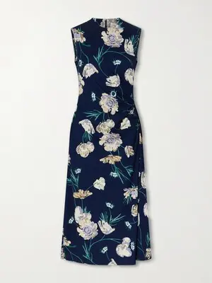 Erdem Floral Printed High Neck Belted Midi Dress - Navy