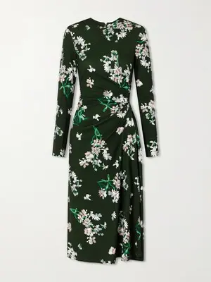 Erdem Gathered Floral-print Jersey Midi Dress - Green
