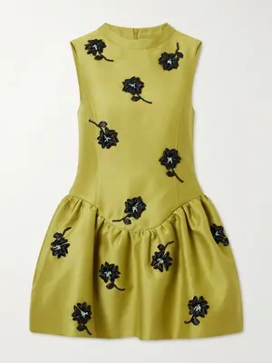 SHUSHU/TONG Floral Appliqué Gathered Satin Mini Dress - Green