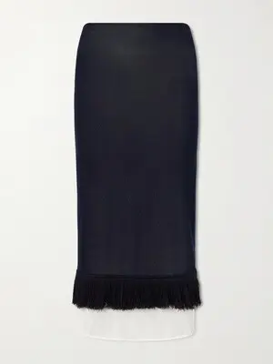 Bottega Veneta Fringed Knitted Silk Midi Skirt - Blue