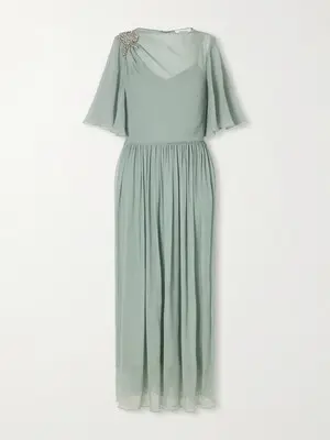 Erdem Crystal-embellished Silk Crepon Midi Dress - Green