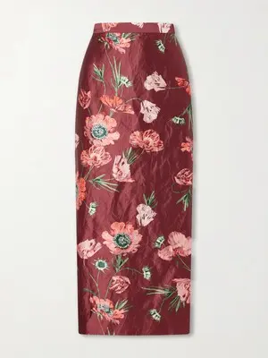 Erdem Floral-printed Satin Midi Pencil Skirt - Burgundy
