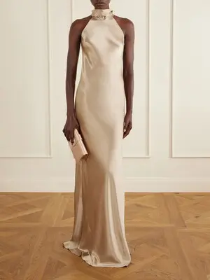 Galvan Sienna Satin Halterneck Gown - Gold