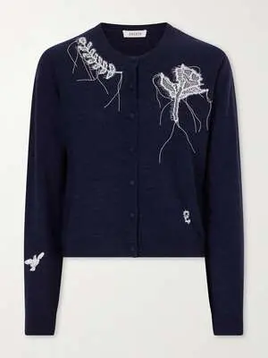 Erdem Embroidered Wool-blend Cardigan - Navy
