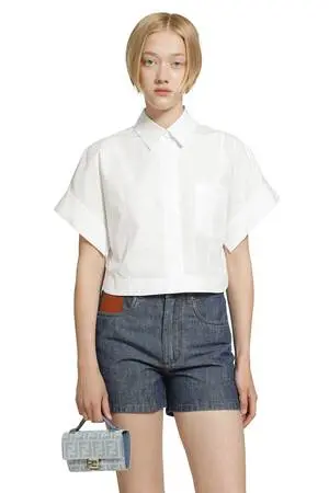 Fendi Cropped Poplin Shirt With Embossed Logo - White