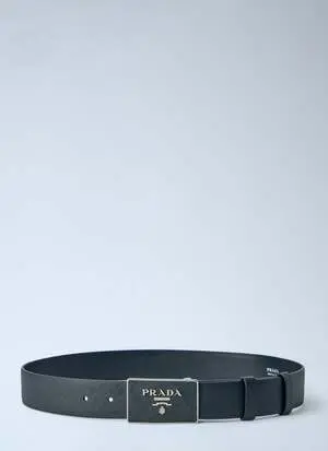 Prada Saffiano Leather Belt With Textured Logo Plaque
