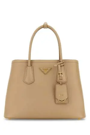 Prada Sand Leather Small Double Handbag - Brown