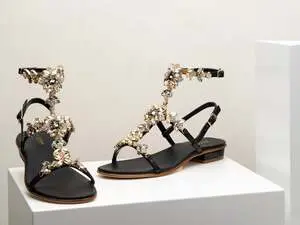 Lukure Portofino Flat Embellished Crystal Sandals - Black